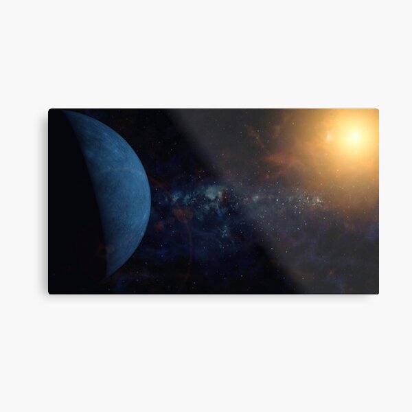 "Space scene of blue rock planet with heavily cratered surface orbiting ...