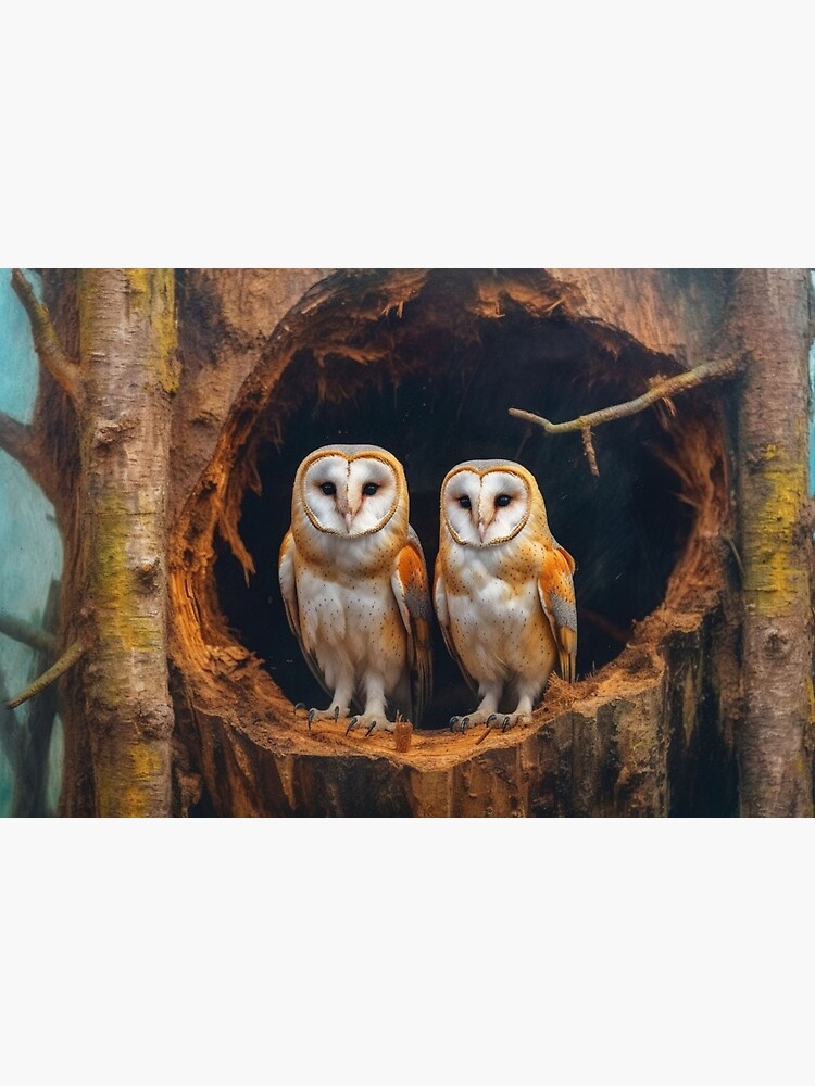 "two barn owls sitting on a tree in an animal park." Poster for Sale by ...