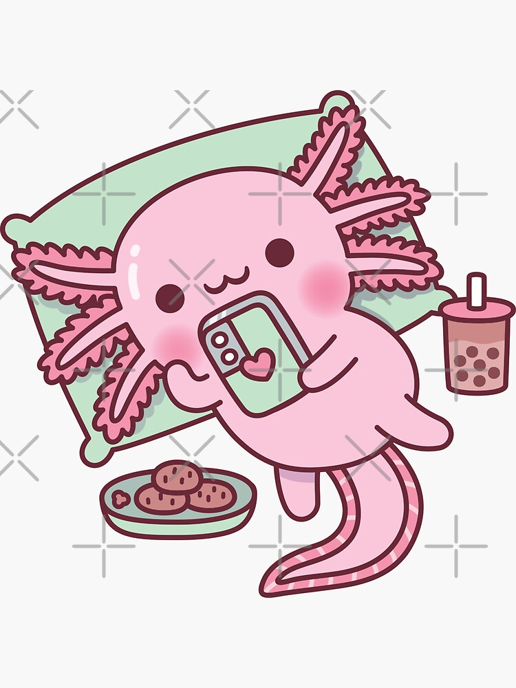 "Cute Axolotl Chilling With Handphone Boba Tea And Cookies" Sticker for ...
