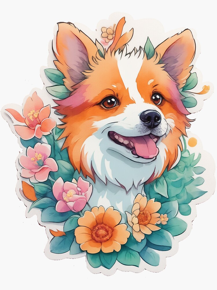 "Floral Companion: Digital Artwork of a Cute Orange Dog in a Patch of ...