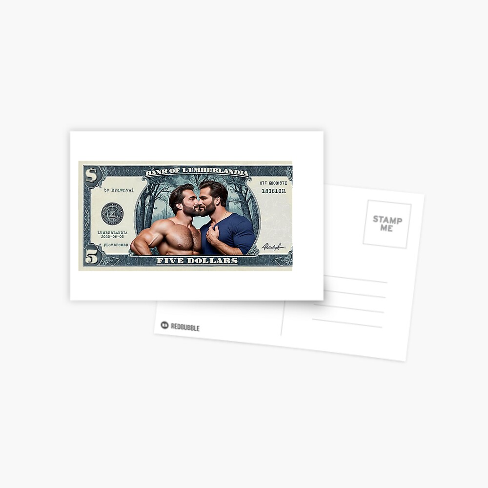 "Lumberlandia $5 Bill - Hunk Men Kissing" Sticker for Sale by BrawnyAi ...