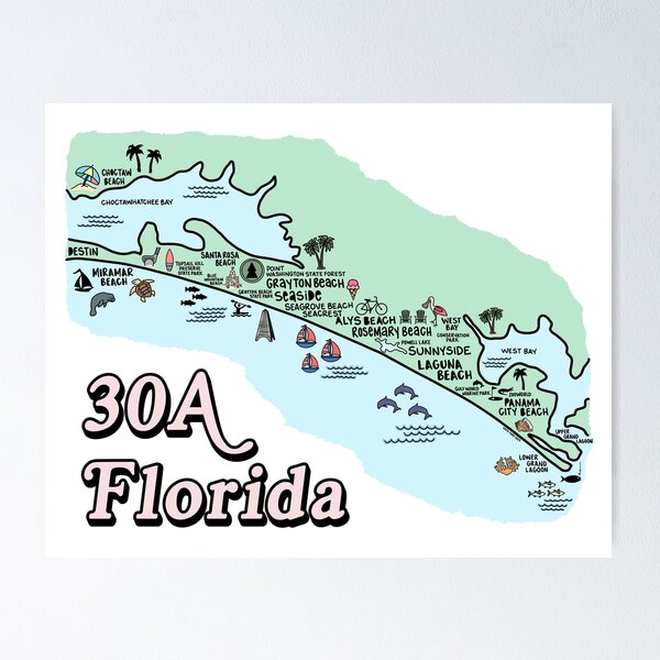 "30A Florida Map Art" Poster for Sale by fiberandgloss | Redbubble