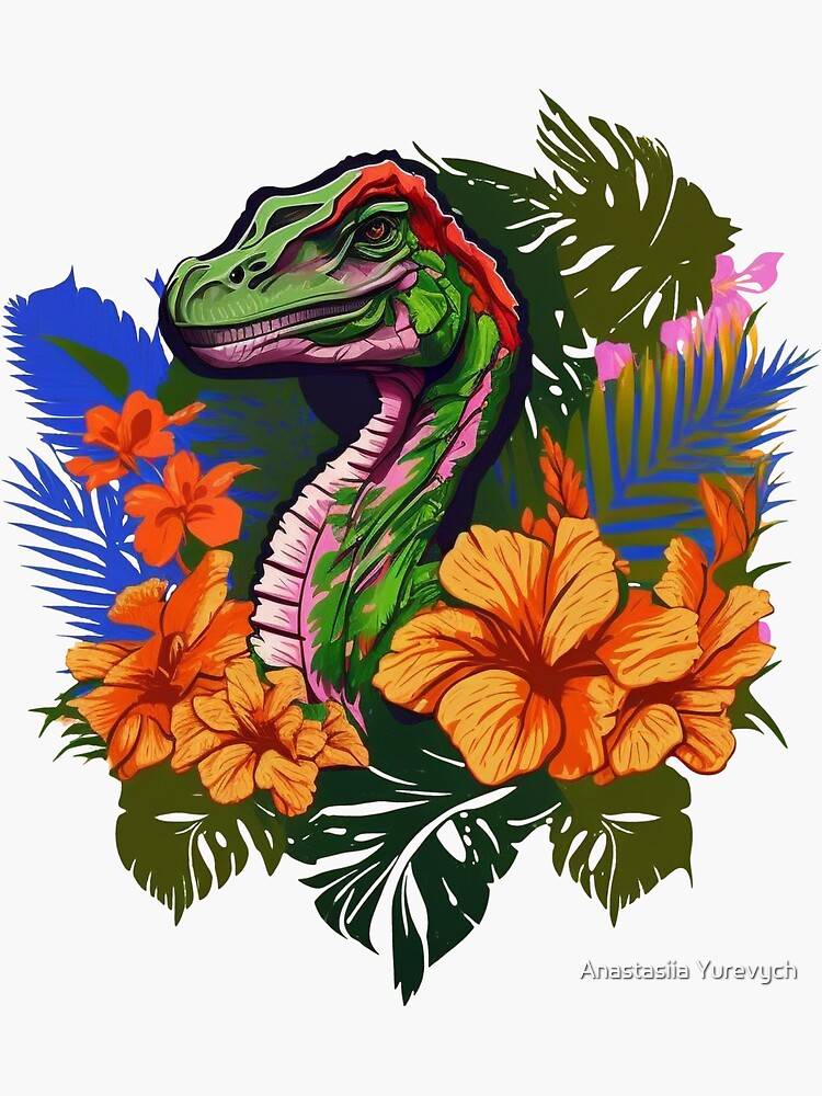 " Sticker Velociraptor dinosaur with tropical flowers. . Emblem of a ...