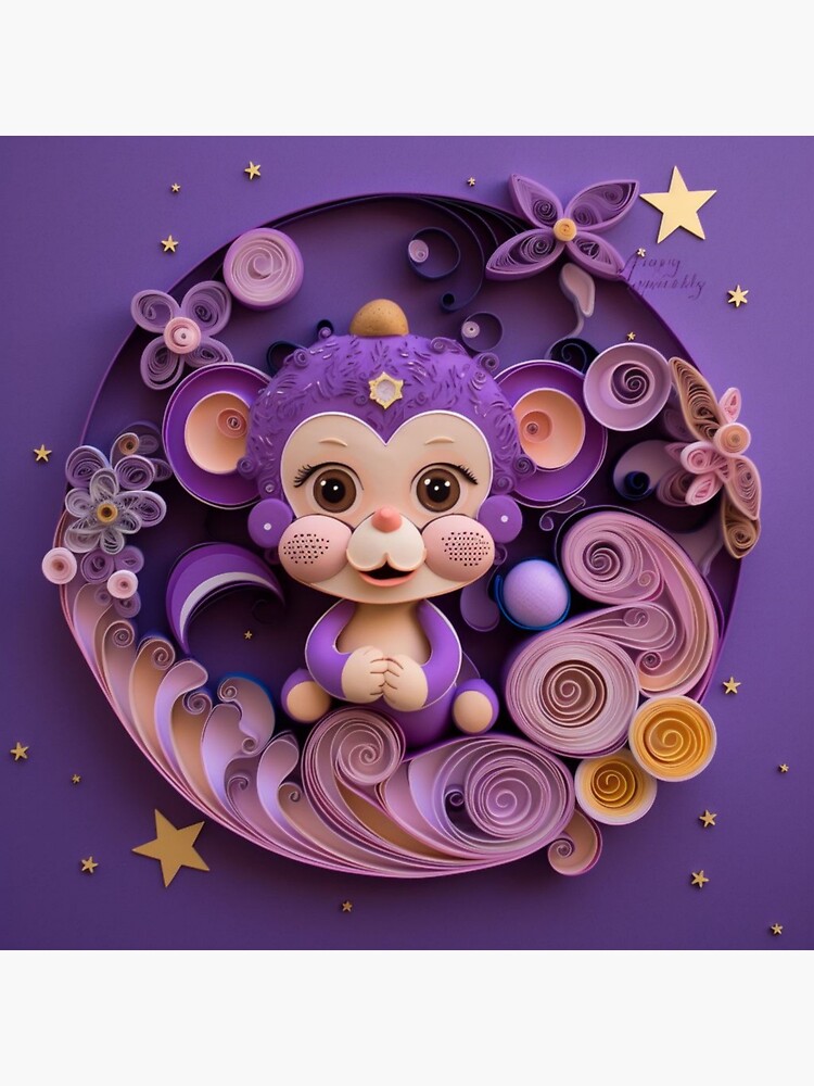 "Cute cartoon monkey made of paper on purple background. Top view ...
