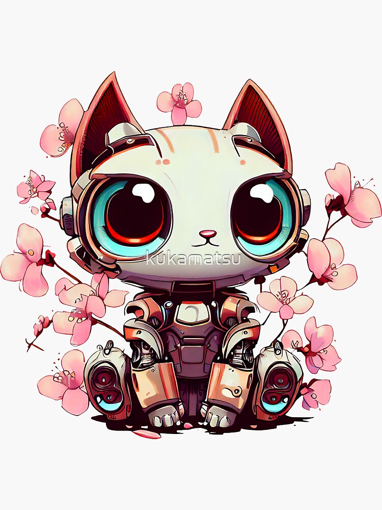 "Robo-Cat With Cherry Blossoms!" Sticker for Sale by kukamatsu | Redbubble
