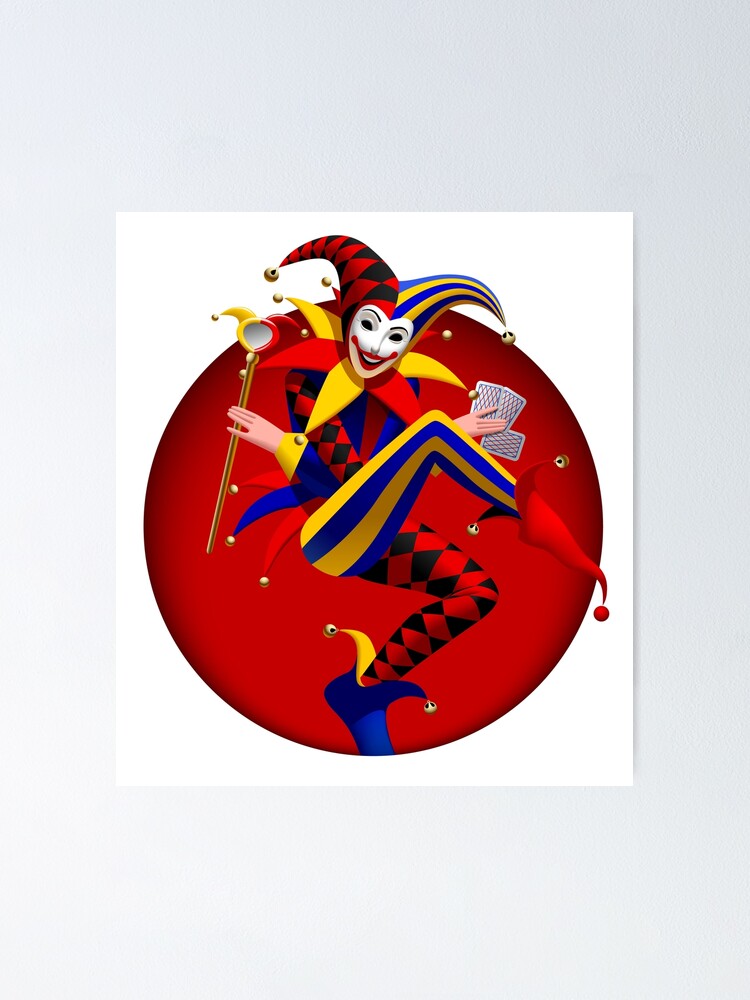 "Joker with playing cards and mirror in dark red round frame" Poster by ...