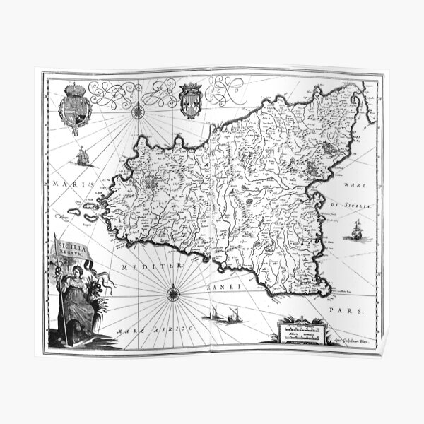 "Vintage Map of Sicily Italy (1600s) BW" Poster for Sale by ...