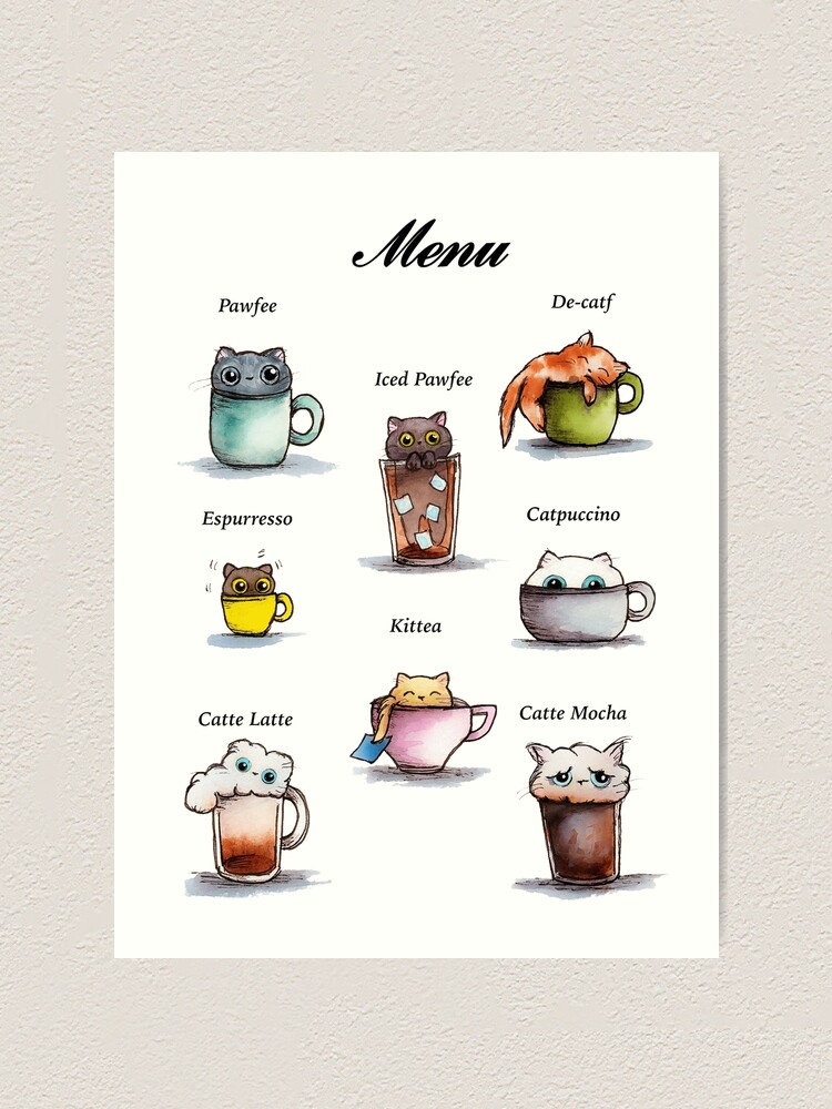 "Cat cafe coffee menu watercolour painting" Art Print for Sale by ...