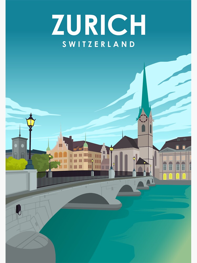 "Zurich Switzerland Travel Poster" Sticker for Sale by jornvanhezik ...