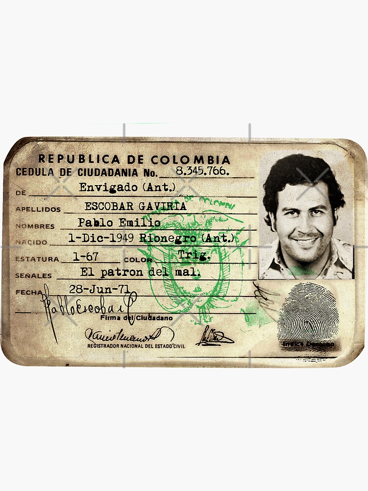 Pegatina for Sale con la obra «Pablo Escobar ID original» de LeoZitro ...