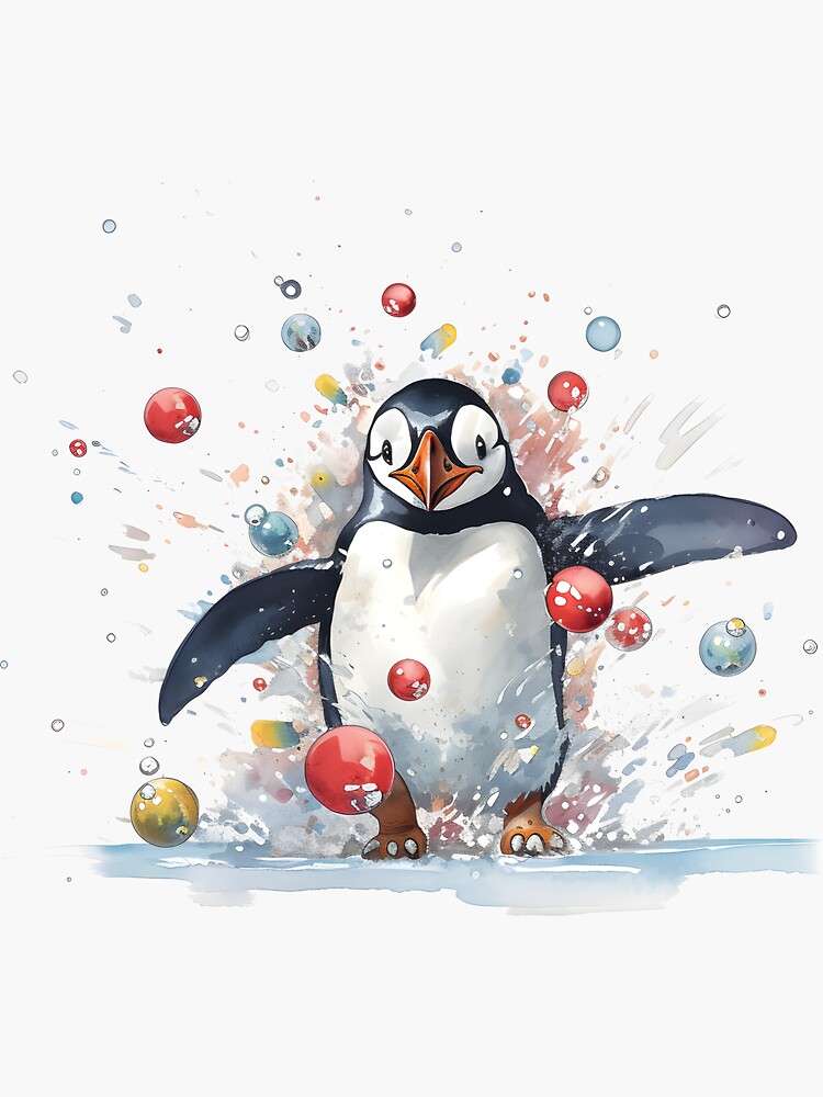 "Whimsical Penguin Snowball Fight | Colorful Watercolor Art" Sticker ...