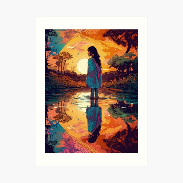 "Indian girl water reflection, psychedelic vibrant artwork, heavenly ...