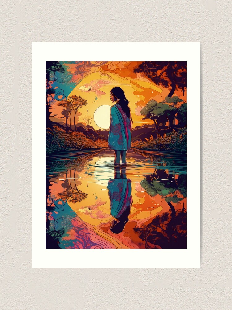 "Indian girl water reflection, psychedelic vibrant artwork, heavenly ...