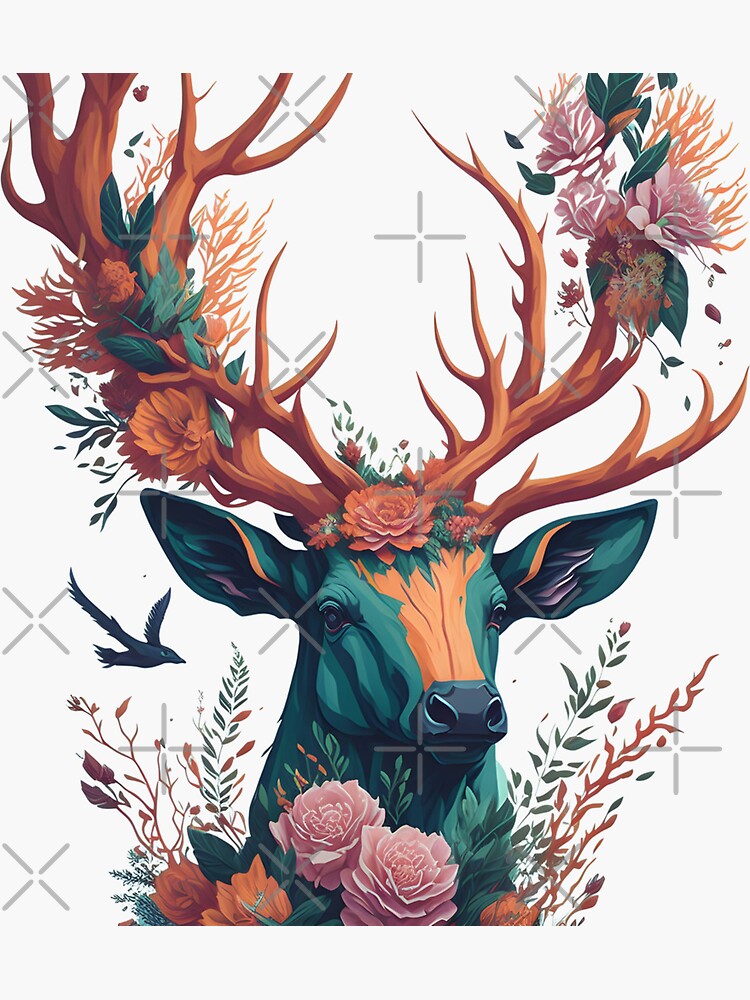 "Floral Majesty: Vintage Elk Adorned in Blossoms" Sticker for Sale by ...