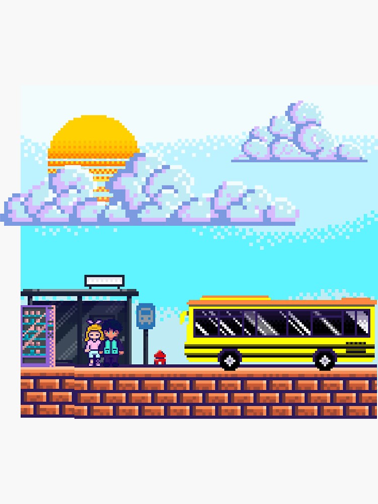 "Couple Waiting At The Bus Stop Gaming Style Pixel Art" Sticker for ...