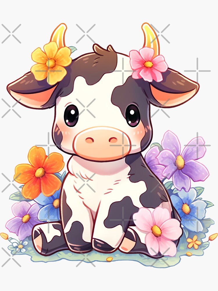 "Cute Kawaii Little Cow Sitting in Summer Flowers" Sticker for Sale by ...