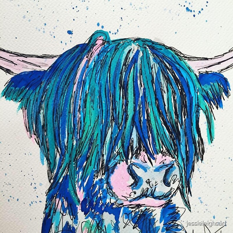 "BLUE HIGHLAND COW" by jessieleighsart | Redbubble