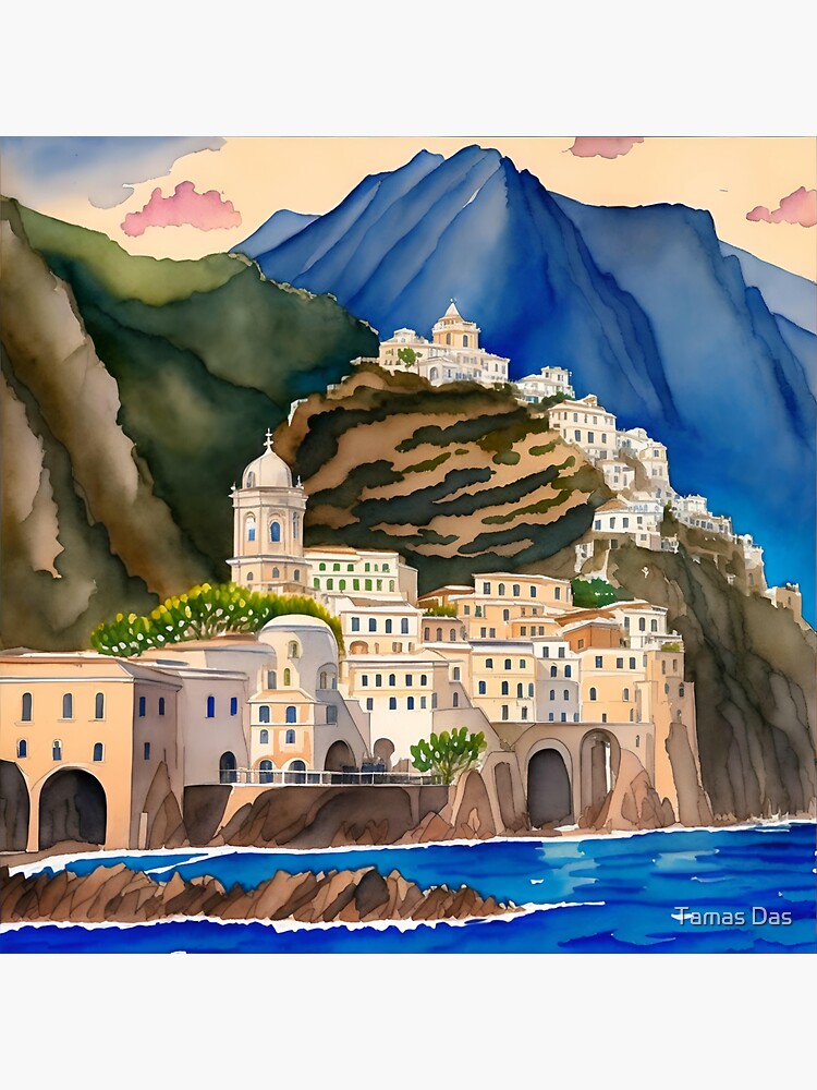 "Vibrant Amalfi Coast Painting: Exploring Coastal Serenity" Sticker for ...