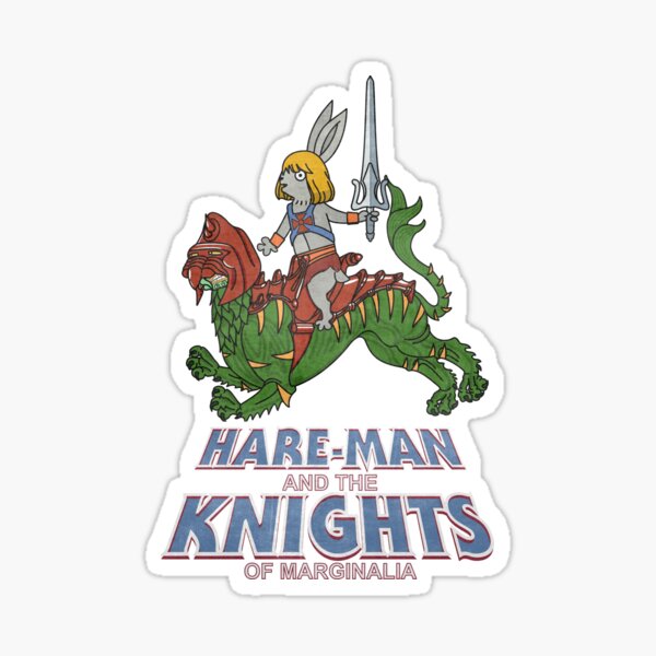 "Hare-man and the Knights of Marginalia (English)" Sticker by ...