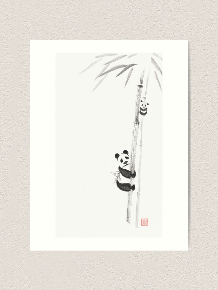 "Cute pandas climbing bamboo trees Japanese Zen Sumi-e painting on ...