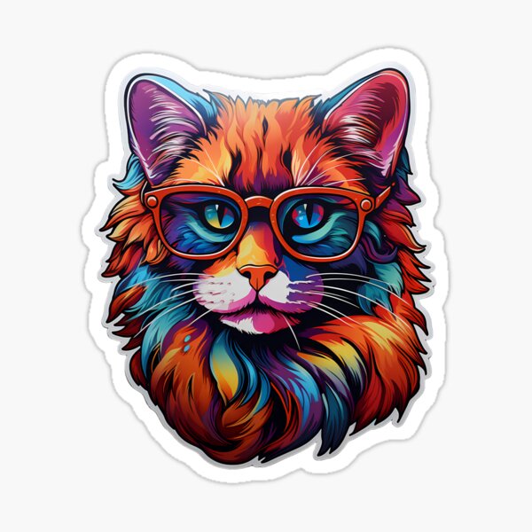 "Colorful Cat with Glasses Sticker - A Whiskerific Pop of Personality ...