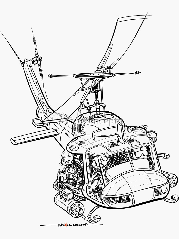 "UH-1 Cartoon Line Art" Sticker by ACVuConcepts | Redbubble