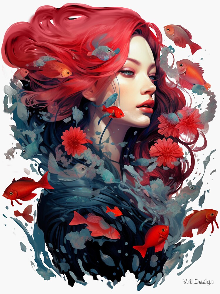 "Red Lady of the Sea I - Mermaid Digital Art Print" Sticker for Sale by ...