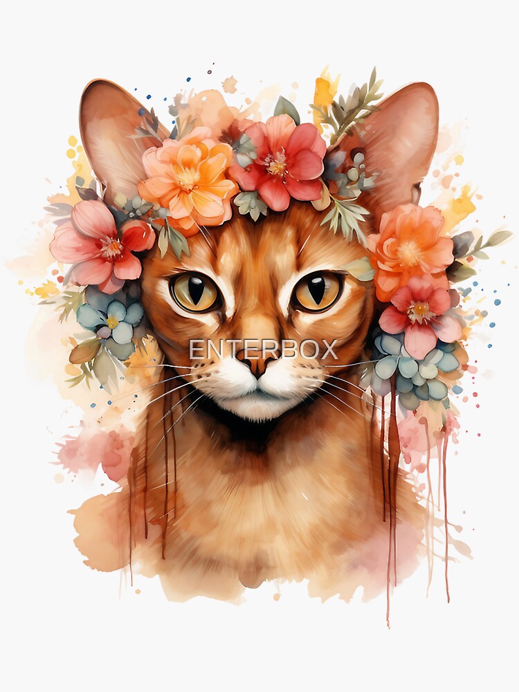 "Watercolor Cat Abyssinian cat with Flowers" Sticker for Sale by ENTERBOX | Redbubble