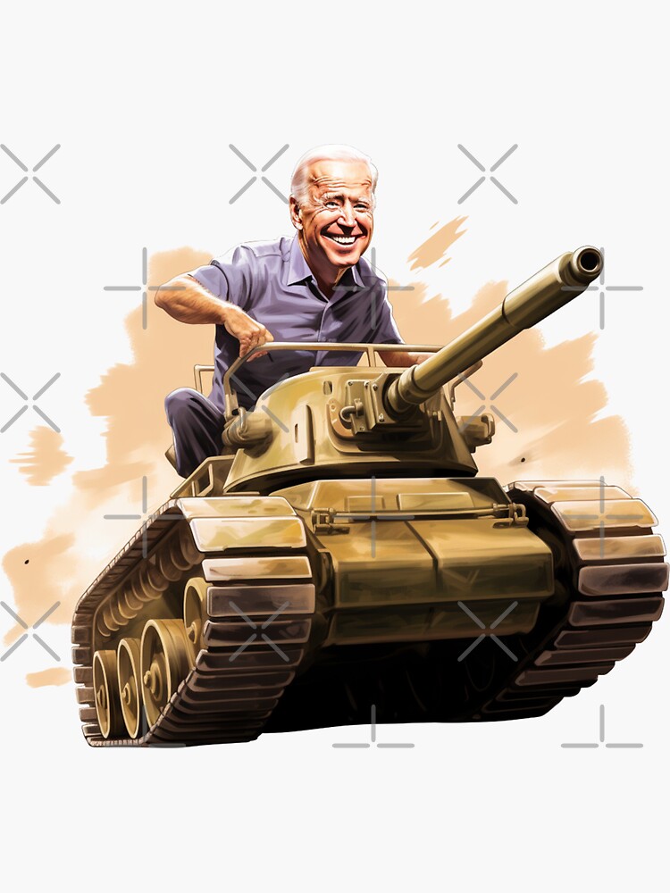 "Joe Biden rides tank, funny caricature, comic joyride" Sticker for ...