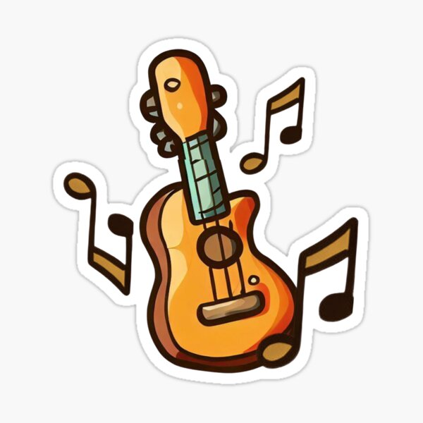 "A cartoon of a kawaii acoustic guitar with musical notes" Sticker for ...