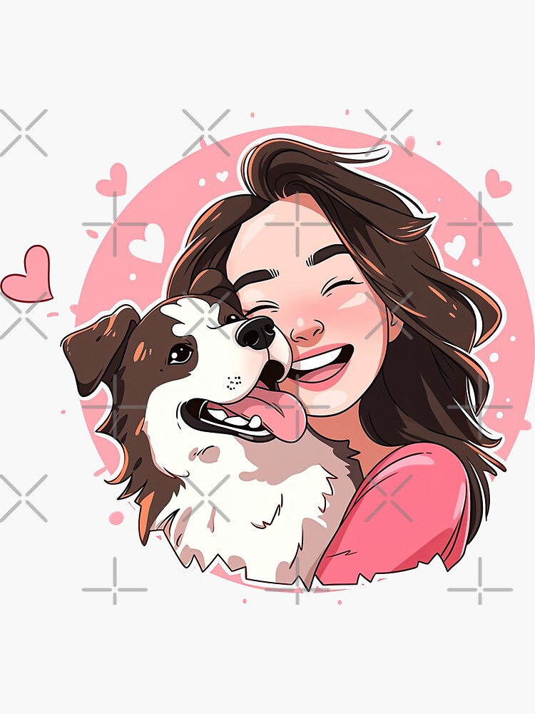 "Just a Girl with her dog - Cute border Collie - anime style" Sticker ...