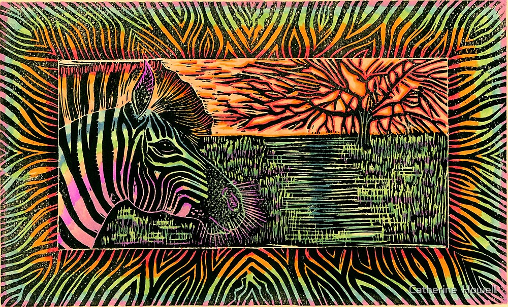 "Hand Colored "Glorious Africa" Linocut Hand Pulled Print" by Catherine ...