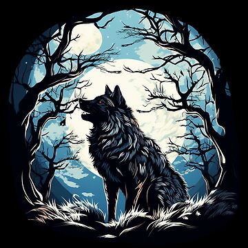 "Snarling wolf, alone aware alpha wolf howling to the moon in snow night at the wolf tree, goth ...