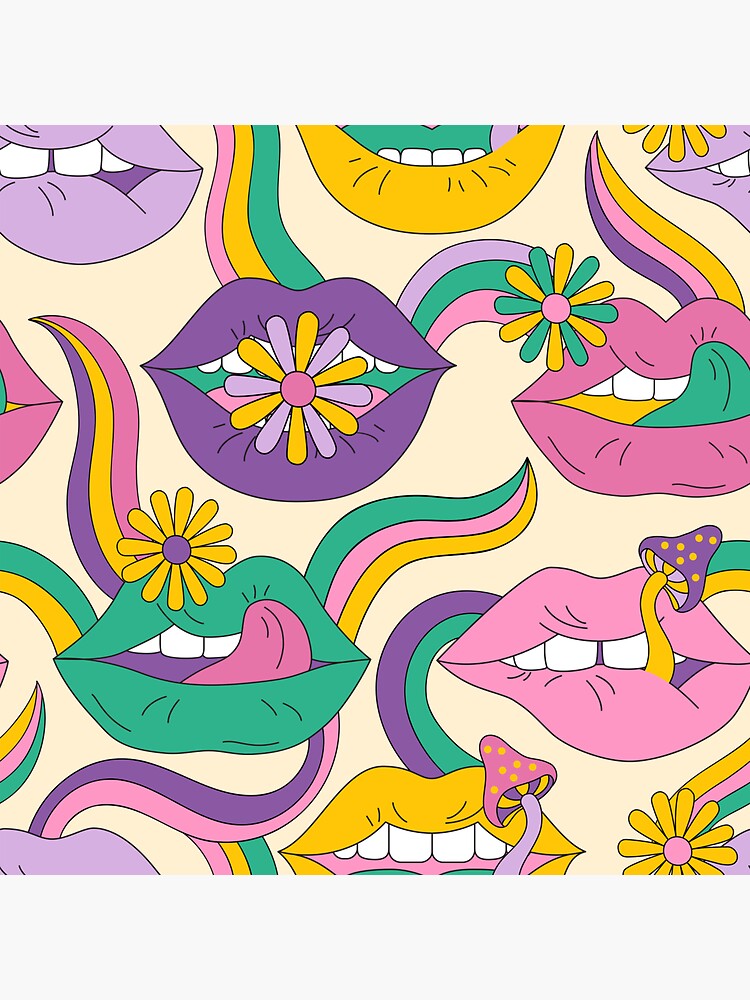 "Funky Full Lip Kisses Retro Colourful 70s Psychedelic Pattern ...