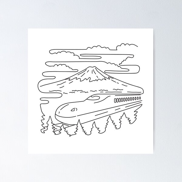 "Mount Fuji and Shinkansen Bullet Train in Japan Mono Line Art" Poster ...