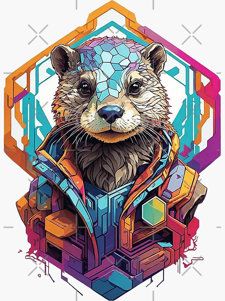 "Rainbow Otter in Futuristic Jacket" Sticker by Minpadesign | Redbubble