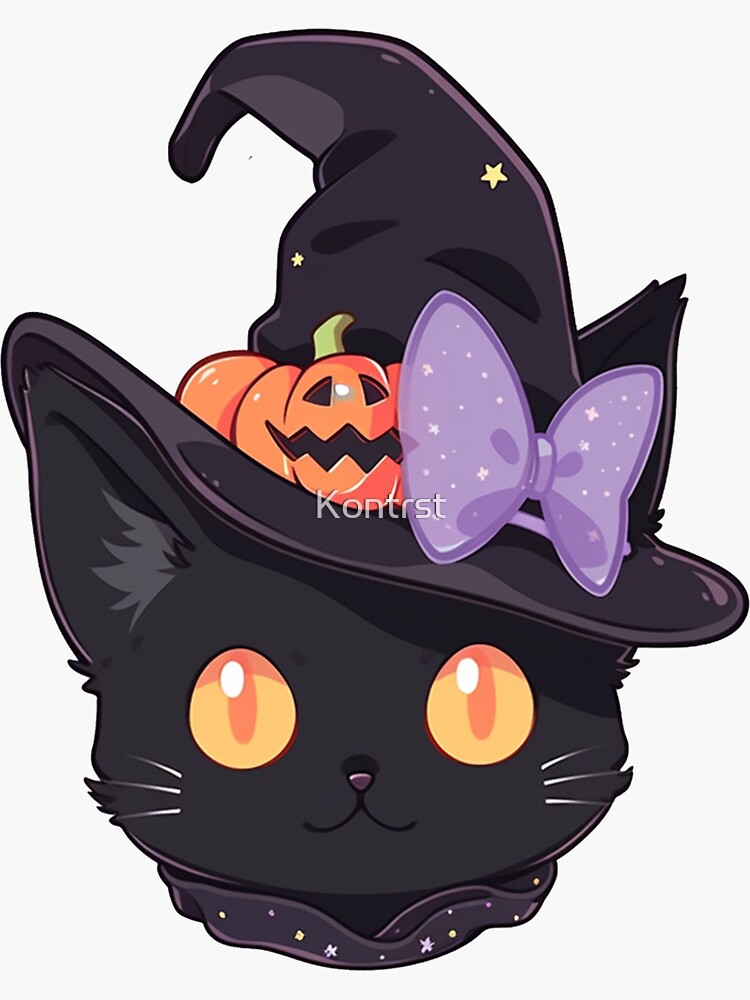 "Cat Witch Hat Sticker - Black Cat Chibi Halloween" Sticker for Sale by ...