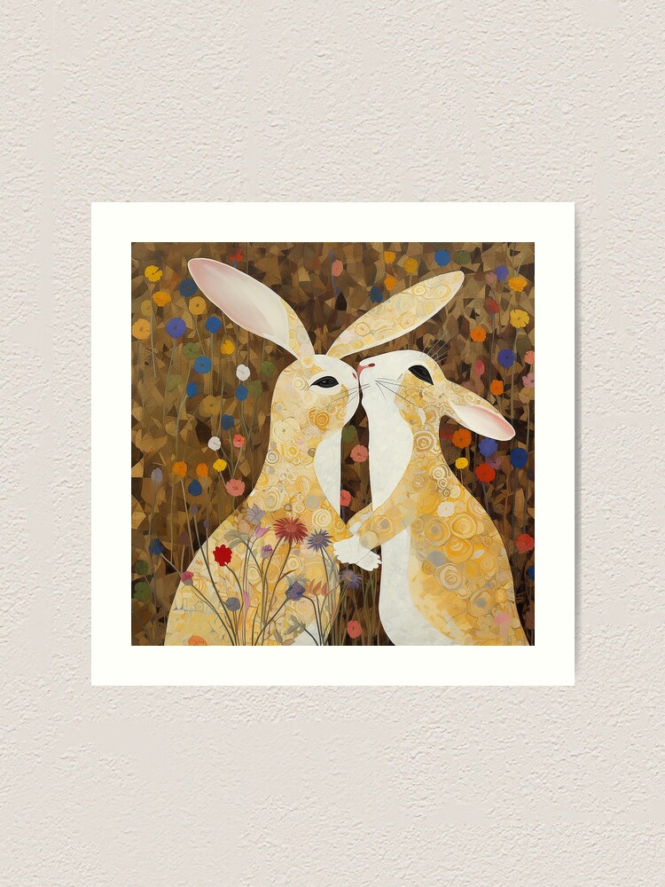 "The Kiss Reimagined: Klimt-Inspired Rabbits Embrace" Art Print for ...