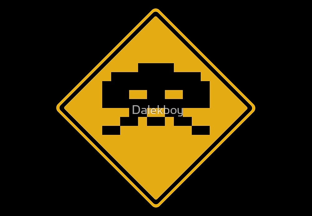 "Pixelised Invader 02 Silhouette Road Sign" by Dalekboy | Redbubble