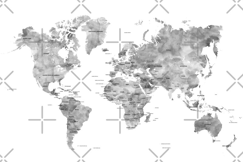 "Gray watercolor world map with countries labelled" by blursbyai ...