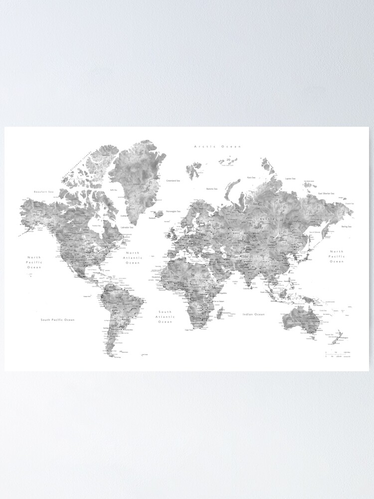 "Grayscale watercolor world map with cities" Poster for Sale by ...