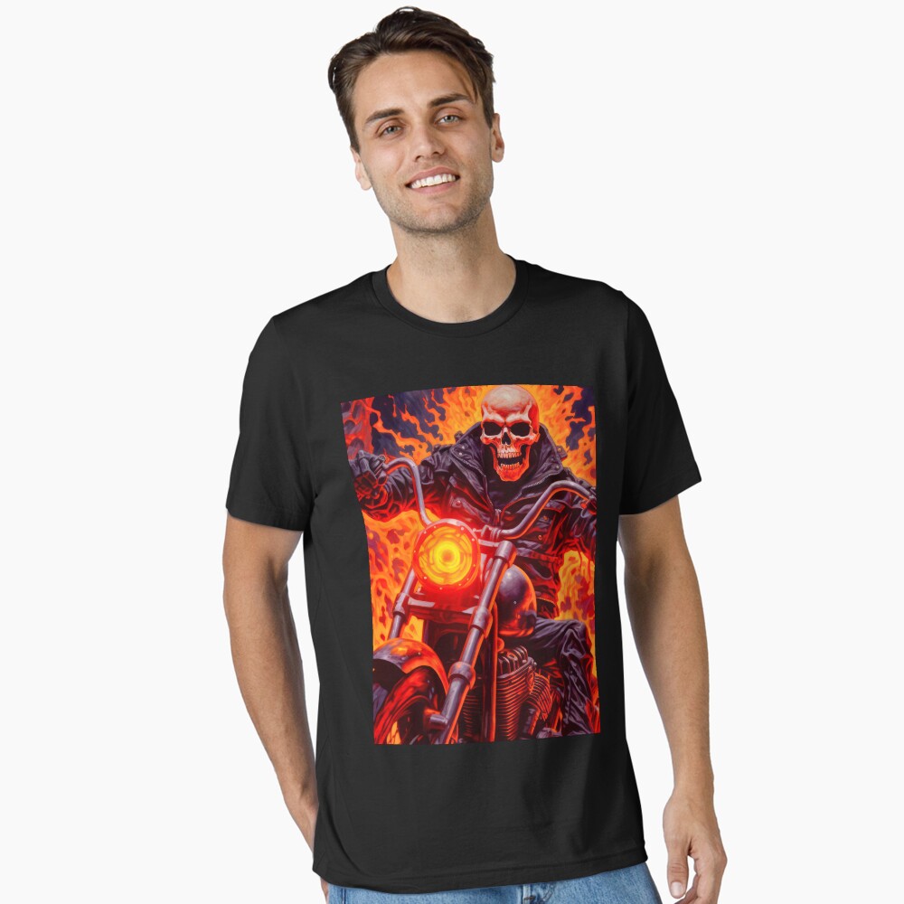 "Hellfire Rider 2: Skeleton on Motorcycle Through Hell's Flames Artwork | Redbubble" Sticker for ...