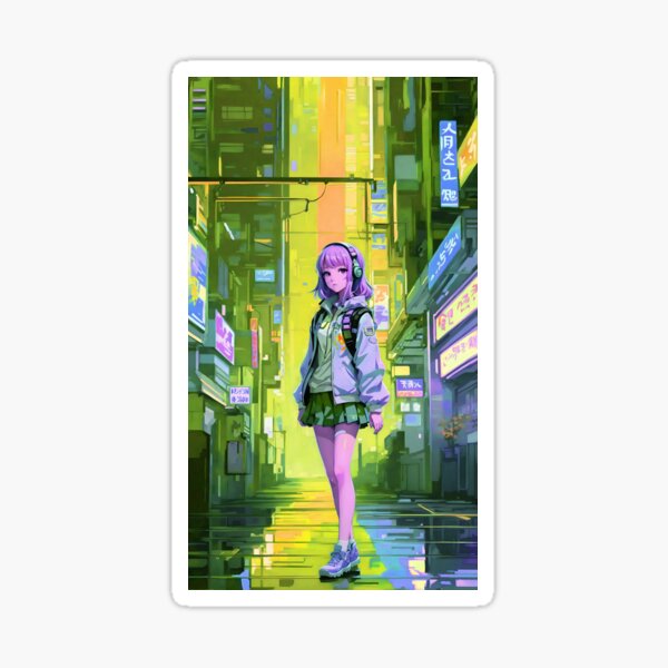 "Cyber Preppy Kawaii Anime School Girl Headphone" Sticker for Sale by ...