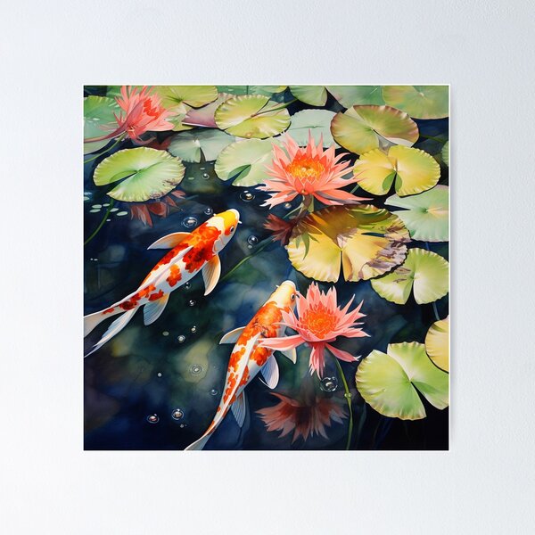 "watercolor pond lillies koi koi fish fish pond" Poster for Sale by ...