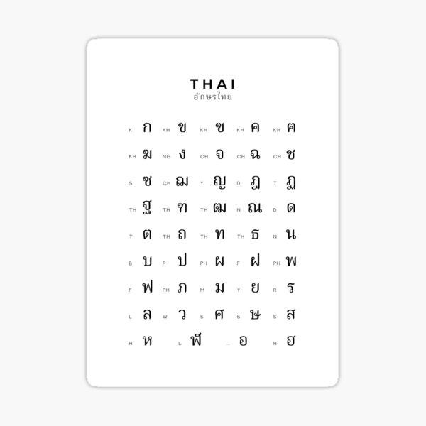 "Thai Alphabet Chart, Thailand Language Learning, White" Sticker for ...