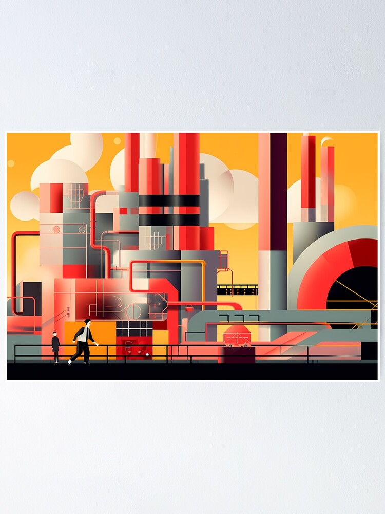 "Industrial landscape with factory and workers. Thermal power plant ...