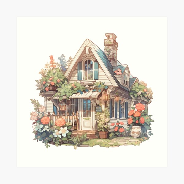 "Cute Cottage with Flowers in Rustic and Cottagecore Style" Art Print ...