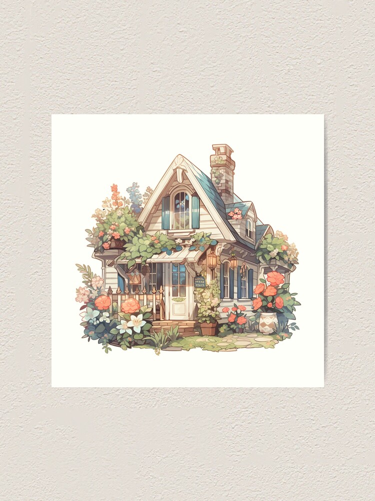 "Cute Cottage with Flowers in Rustic and Cottagecore Style" Art Print ...