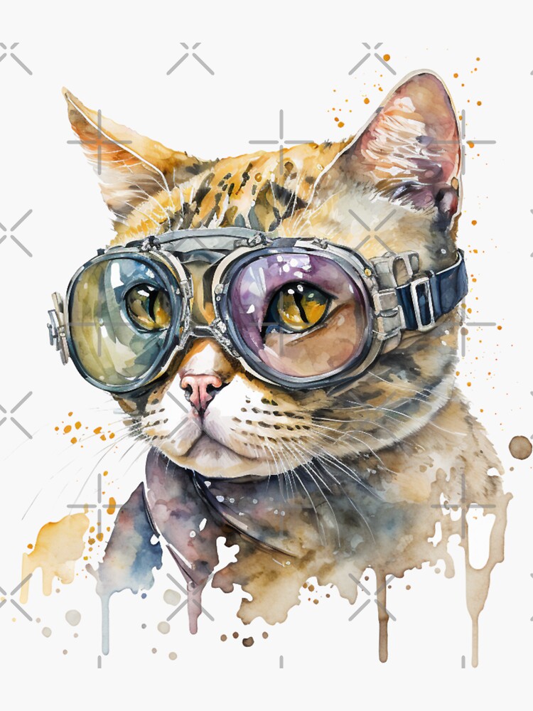 "Watercolor Cat Aviator Portrait" Sticker for Sale by Sturdust | Redbubble