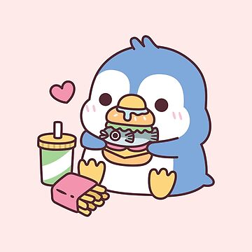 "Cute Blue Penguin Eating Fish Burger" Sticker for Sale by rustydoodle ...